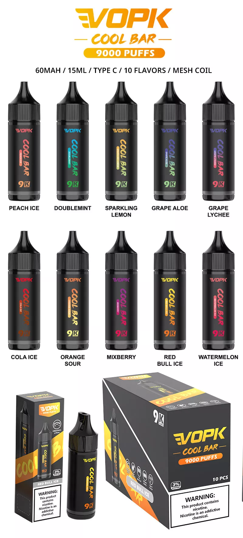 Vopk Cool Bar 9k Puffs Vape 10 Flavors 3% Nic Airflow Adjustable ...